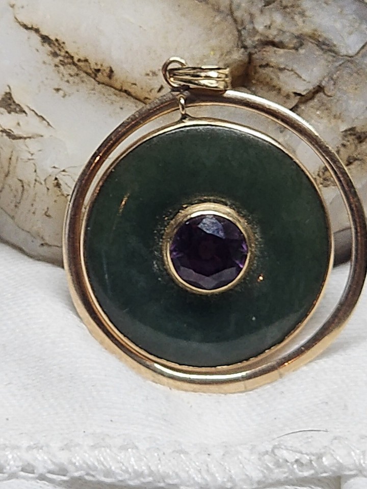 14K 585 Yellow Solid Gold Genuine Jade Stone Round Pendant 2" Vtg ...