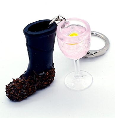 Handmade MUDDY WELLY & PINK GIN KEYRING glastonbury festival wellies ...
