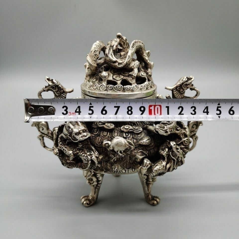 Antique Tibet silver nine dragon censer Old stamp tripod Incense Burner ...