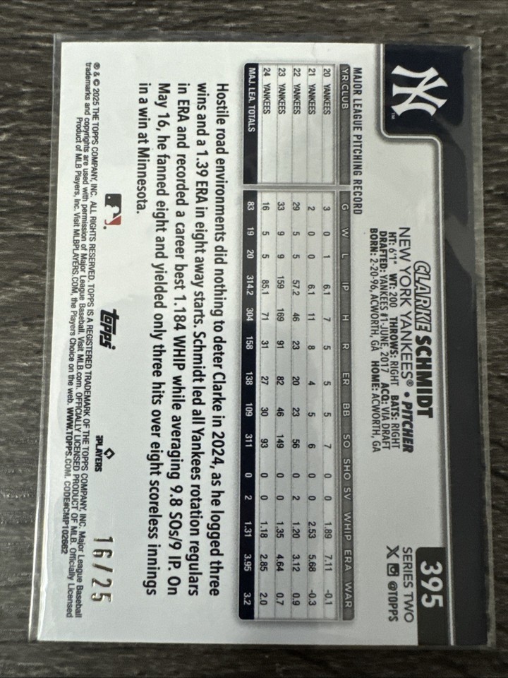 2025 Topps Series 2 Clarke Schmidt #395 Wood 16/25 | eBay UK