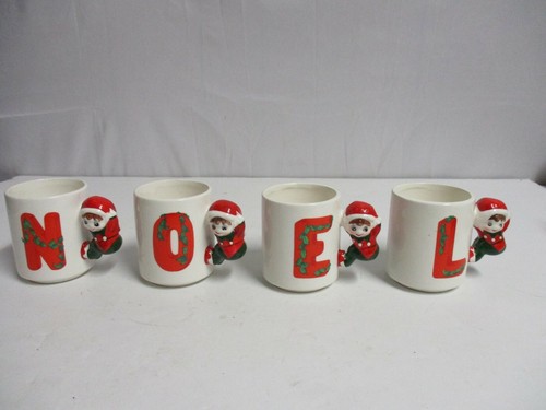 Vintage Ceramic Christmas Pixie Elves NOEL Letter Coffee cup mugs set ...