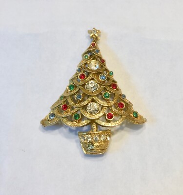 LJM Christmas Tree Brooch Brushed Goldtone With Red/Green/White ...