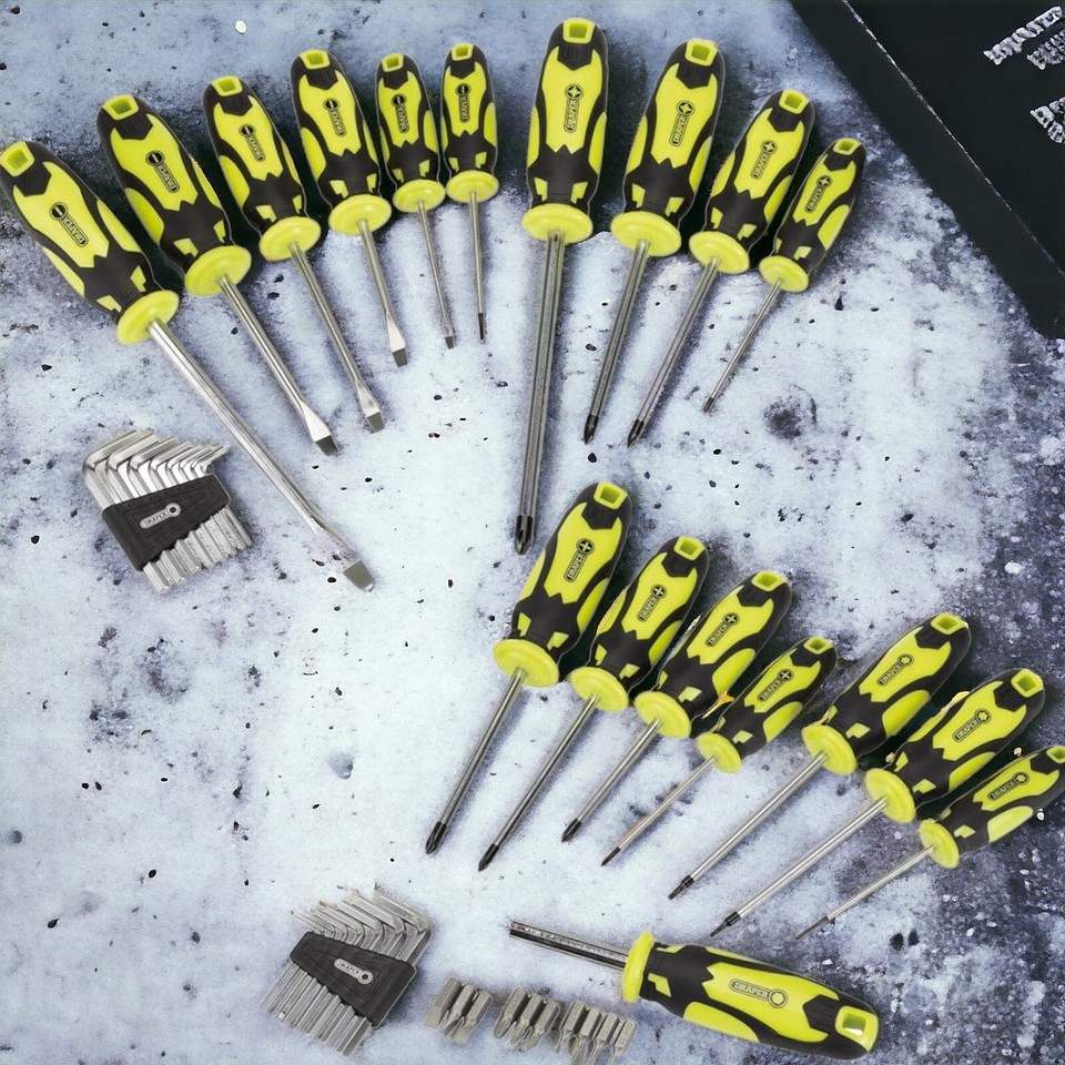 DRAPER SCREWDRIVER ALLEN KEY BIT SET + STORAGE STAND PLAIN CROSS POZI ...
