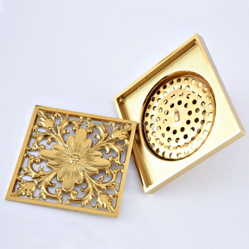 Gold Color Brass Square Floor Waste Grates Bathroom Shower Drain Floor ...