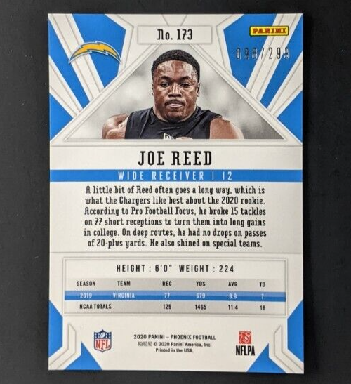 Joe Reed 2020 Panini Phoenix RED #173 Football NFL Card /299 Chargers ...