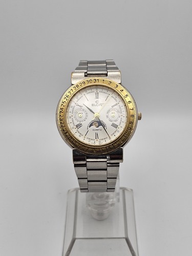 Vintage Rare 90s Elgin Mens WR Moonphase Daydate Silvertone Gold Bezel ...