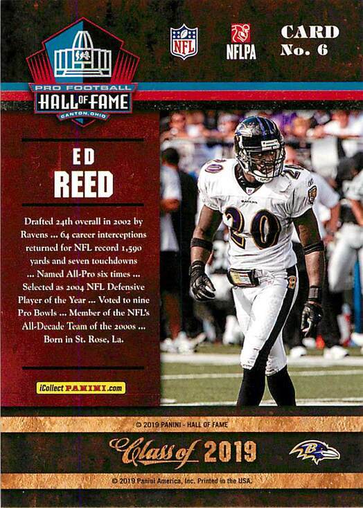 Ed Reed Card 6 2019 Panini Hall of Fame Class of 2019 | eBay