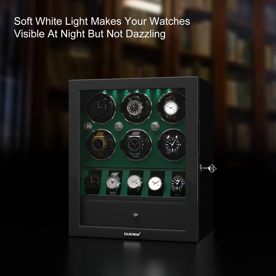LED Light Automatic 6 Watch Winder Box with 5 Watches Display Storage ...