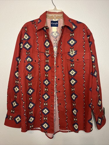 Vintage Aztec Wrangler Western Pearl Snap Red Button Up Sz XL Cowboy ...