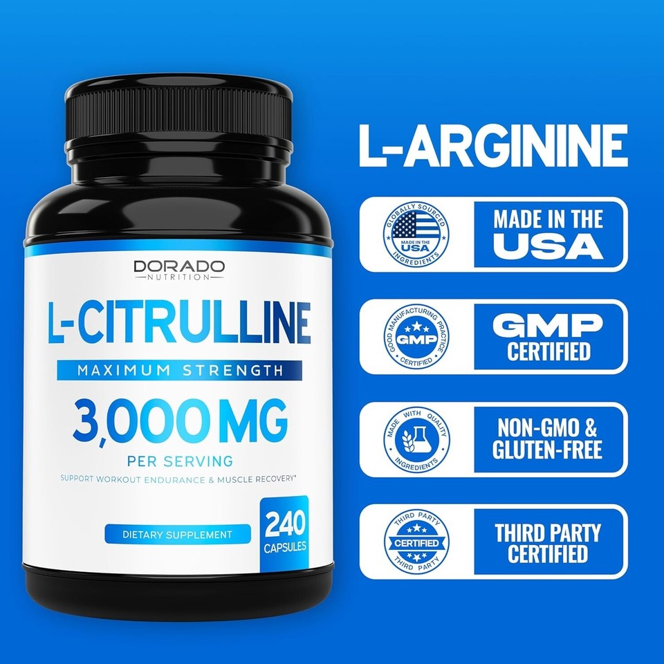 L-Citrulline 3000mg 240 Capsules GMP Certified & Non-GMO Free Form ...