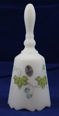 Vintage Fenton White Glass Bell With Hand Painted Grape Vines Signed w ...