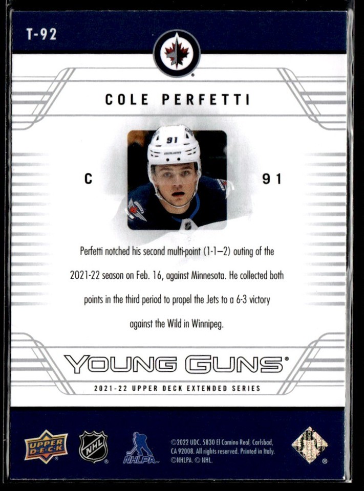 2021-22 Upper Deck 2006-07 Retro Cole Perfetti Rookie Winnipeg Jets #T ...