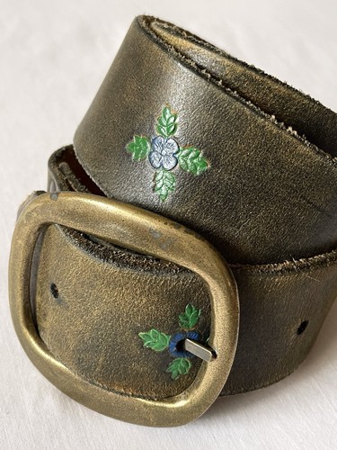Vintage 70's Brown Leather Hand Tool Flowers Belt, Brass Buckle, 34-38. ...