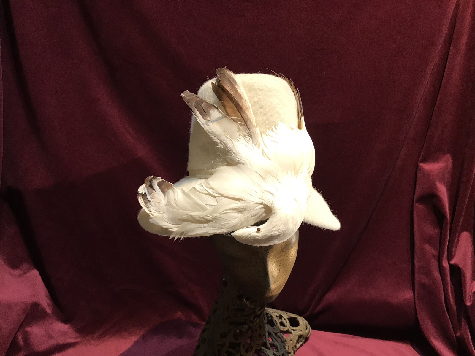 40s Felt Hat Bird White Feathers Vintage 60s Creme Roni Tilt High Crown ...