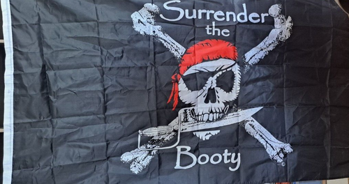 NEW 3'x5' BLACK PIRATE "SURRENDER THE BOOTY" FLAG INDOOR/OUTDOOR METAL ...