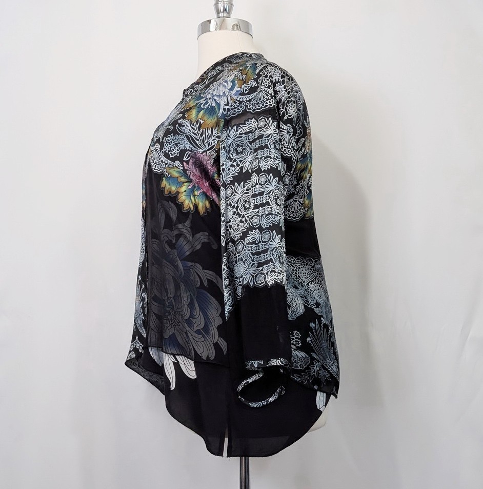 Citron Santa Monica Tunic Top Black Rayon Silk Floral Print Women's ...