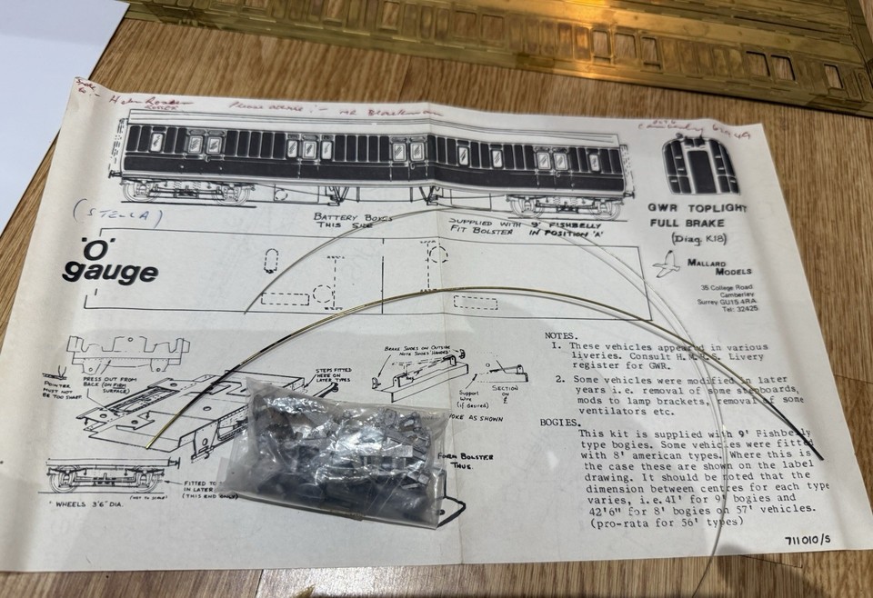 Mallard Models GWR TOPLIGHT FULL BRAKE coach O Gauge Kit Brass Etch ...