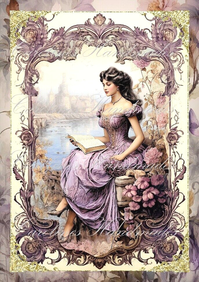 Violet Victorian Lady & Book Reproduction Cotton Fabric Quilt Block ...