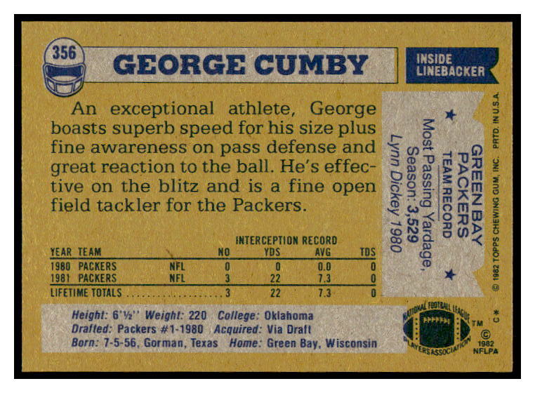 1982 Topps #356 George Cumby Green Bay Packers Excellent | eBay