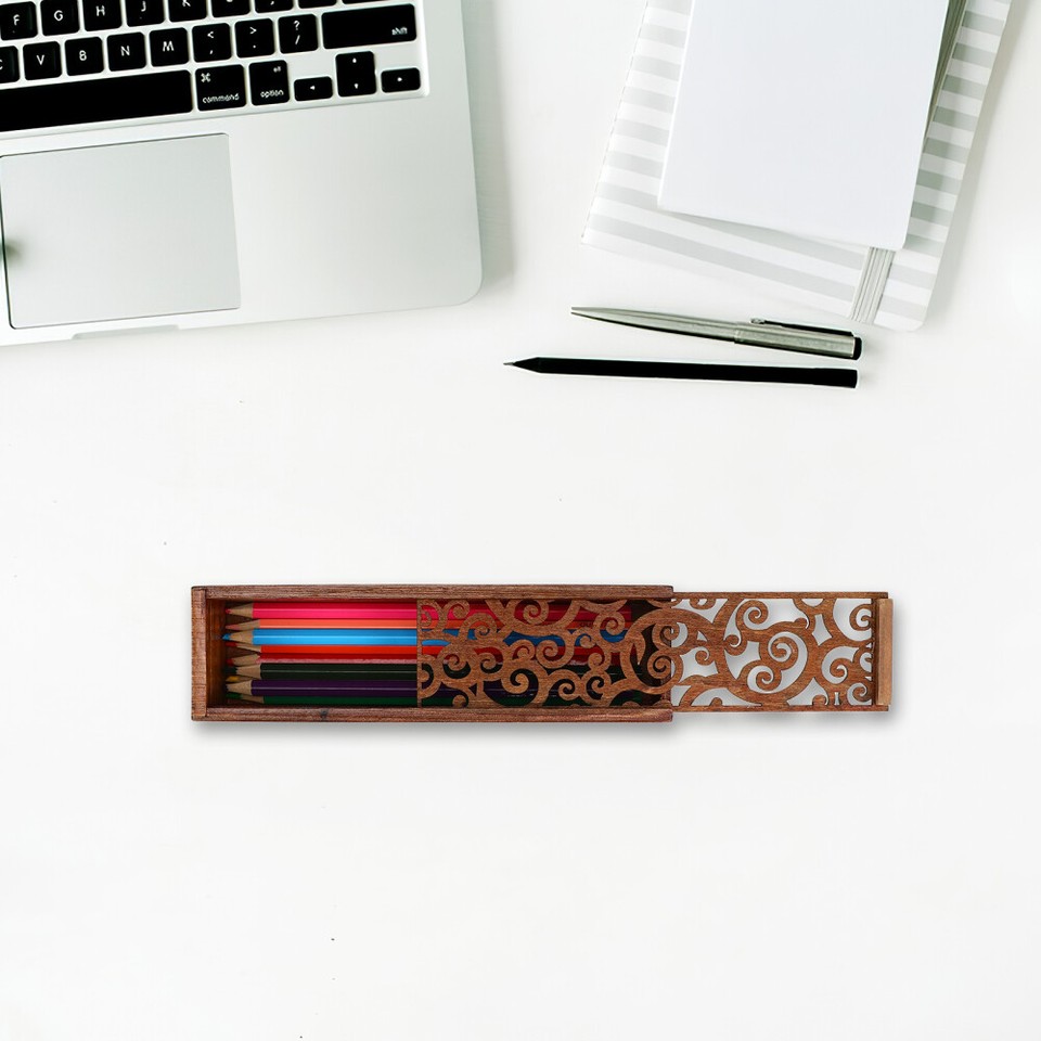 Wooden Box With Sliding Lid Pencil Case Hollow Out Rectangle Keepsake ...