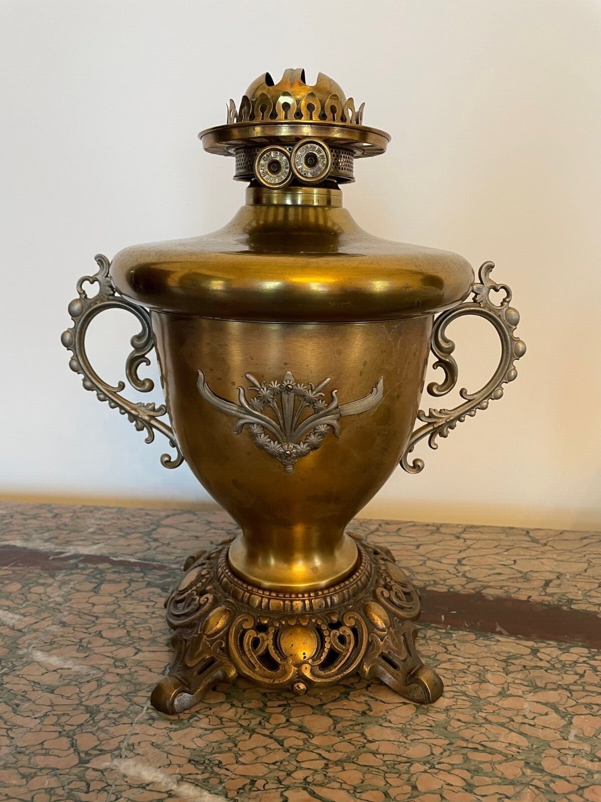 Unique Antique Brass Oil Urn-Shaped Lamp with Hand-Painted Globe | eBay