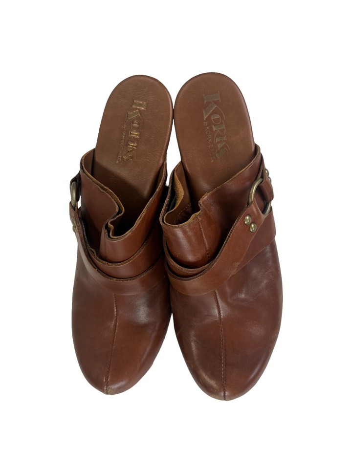 Korks Women's Brown Leather Slip-On Studded Platform Clog Heels Shoes ...