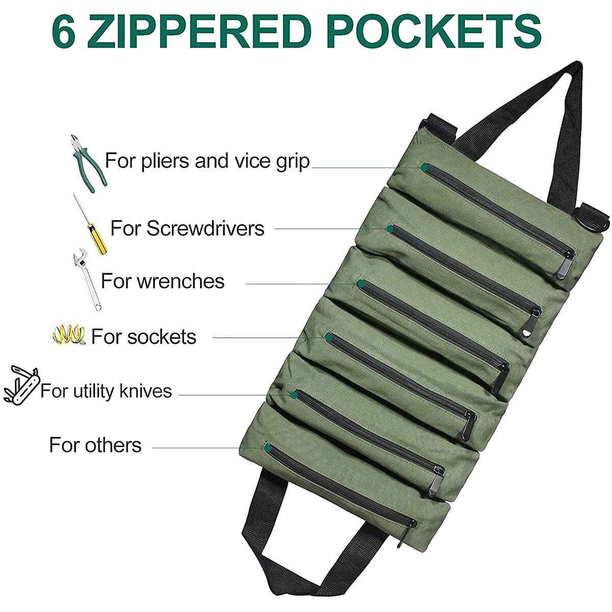 Canvas Tool Roll Up Bag Wrench Tool Roll Up Pouch with 6 Zipper Pockets ...