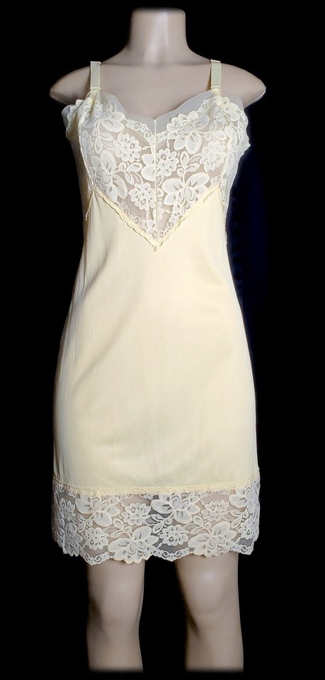 Pastel YELLOW Vintage 60s Full Dress SLIP Lace NYLON Sheer CHIFFON ~ 36 ...