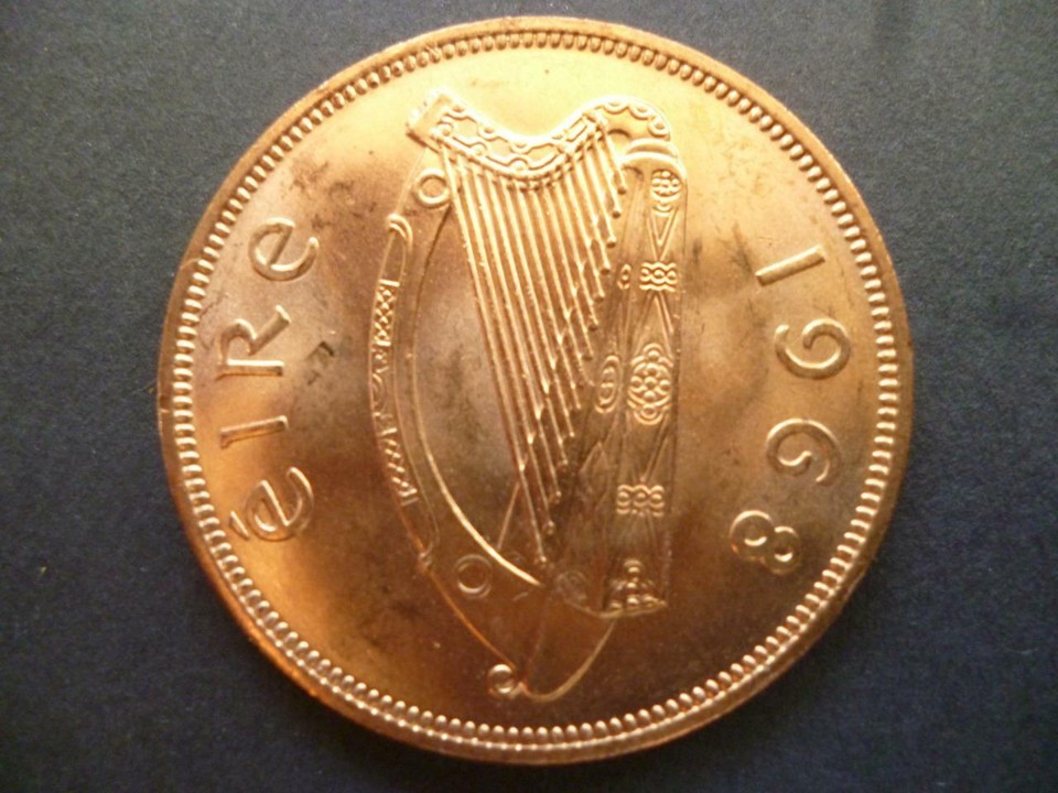 IRISH BRIGHT UNCIRCULATED 1968 ONE PENNY COIN OLD TYPE BRONZE EIRE ...
