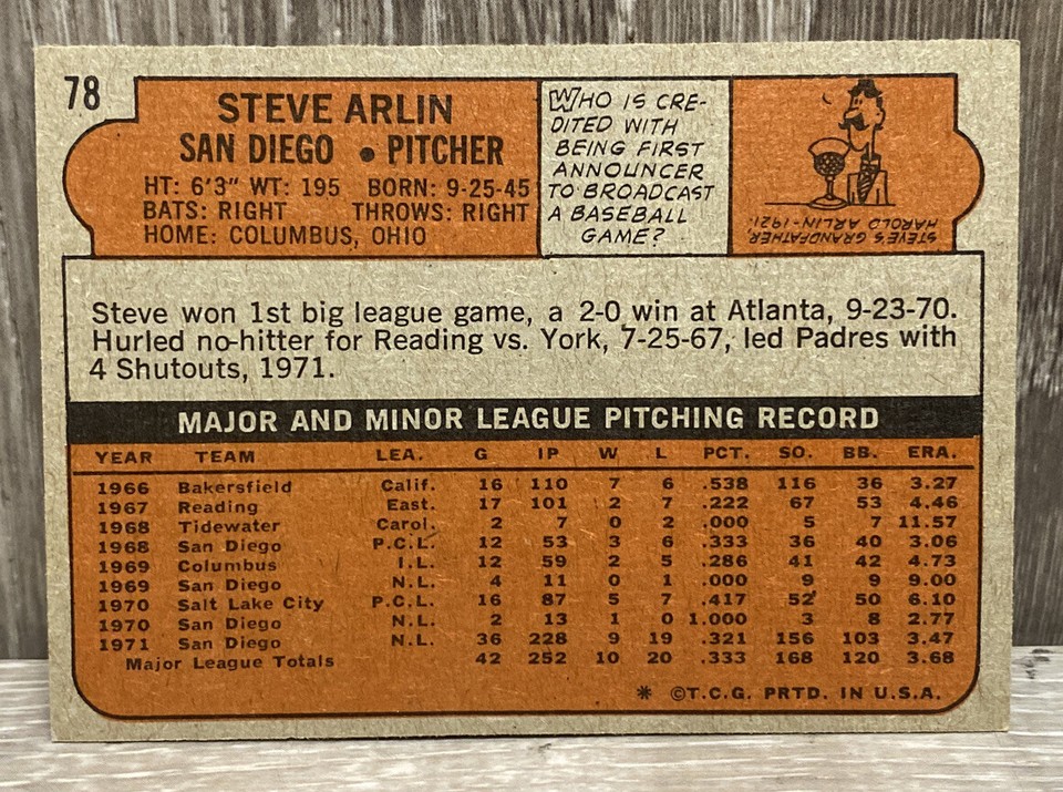1972 TOPPS #78 STEVE ARLIN (SAN DIEGO PADRES) (RC) BASEBALL CARD | eBay