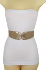 Women Beige Faux Leather Elastic Fun Belt Hip High Waist X Gold Metal ...