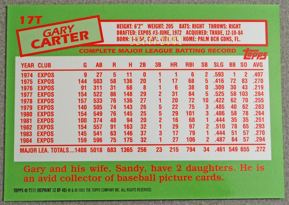 2001 Topps Gary Carter Mets T111 1277/2001 Baseball Card Limited ...