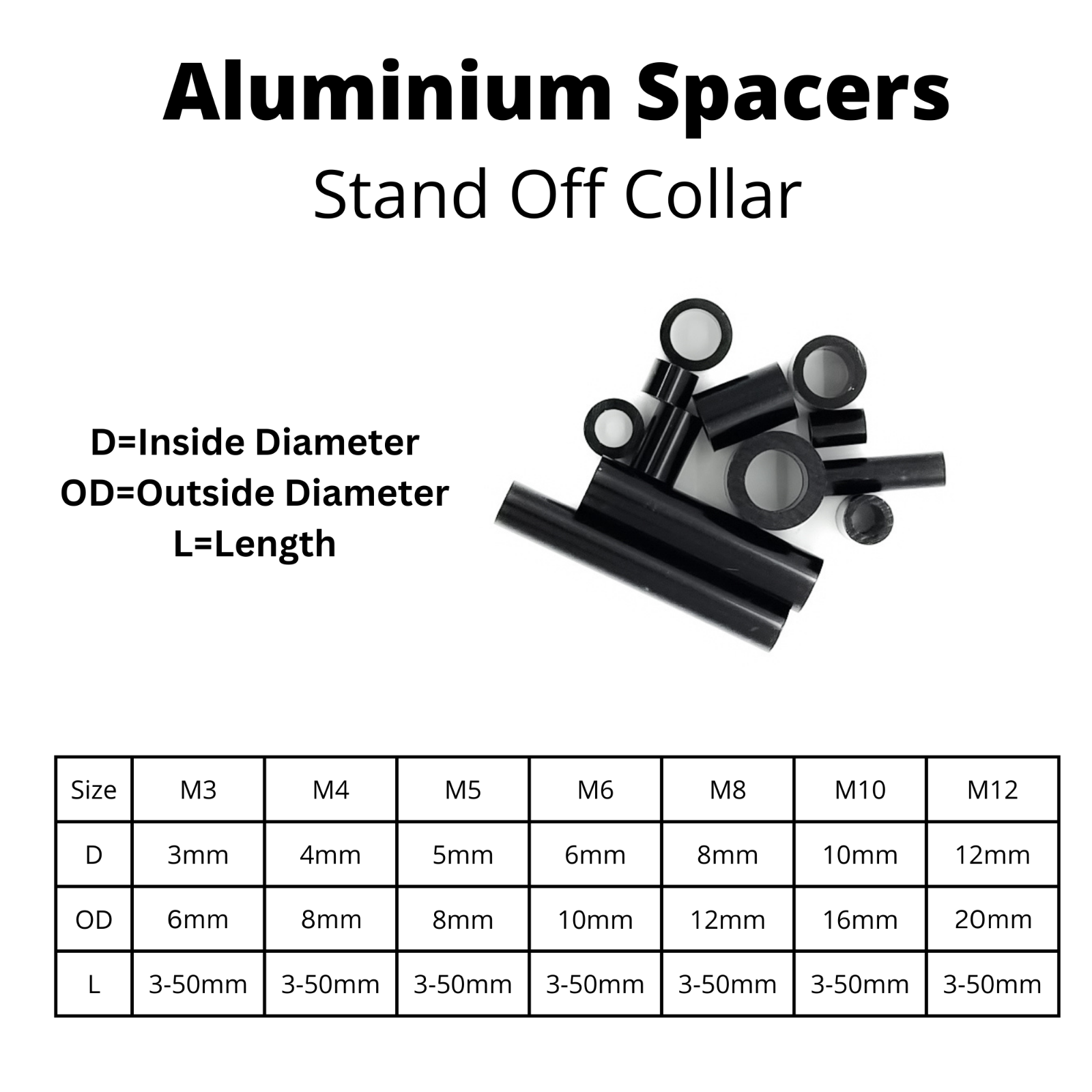 Black ANODISED Aluminium Spacers M3 M4 M5 M6 M8 M10 Stand Off Collar ...