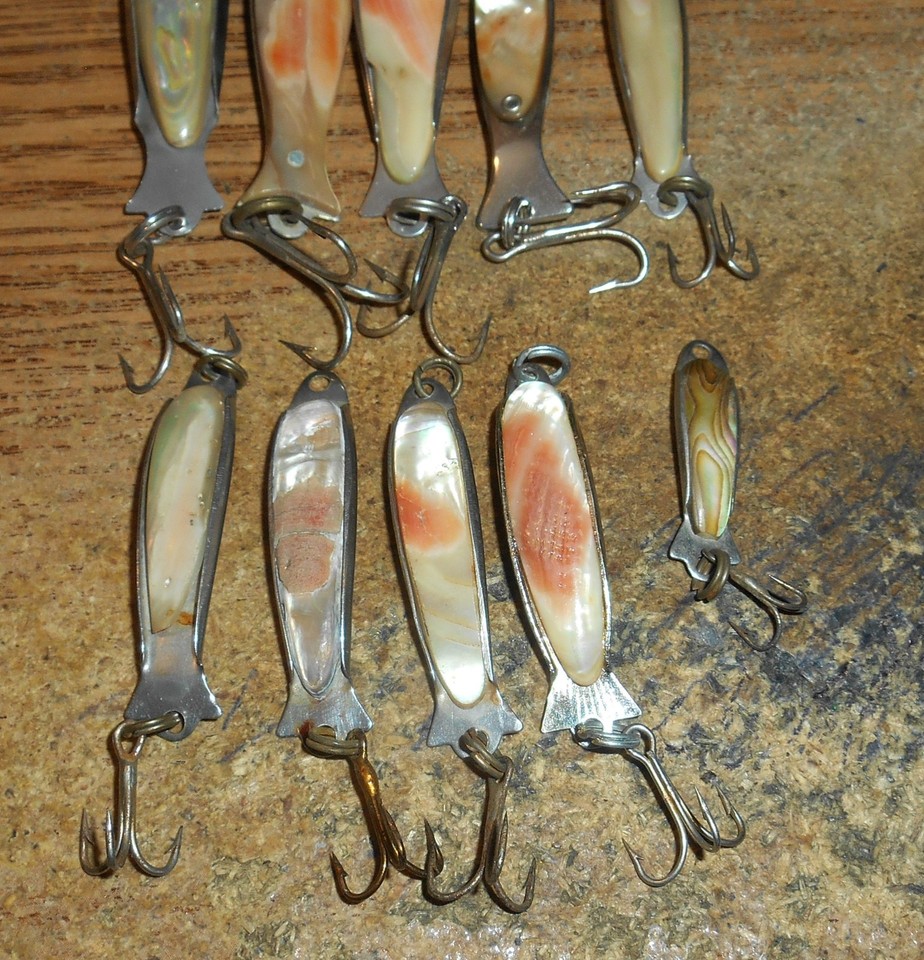 VINTAGE MOTHER OF PEARL ABALONE FISH SHAPED SPOON LOT/10 LURES/TOUGH ...