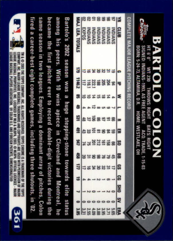 2003 Topps Chrome - #361 Bartolo Colon for sale online | eBay