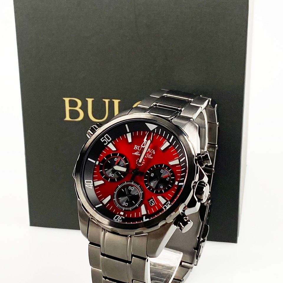 New Bulova Marine Star 98B350 Red Dial Men's Chronograph Quartz Watch ...