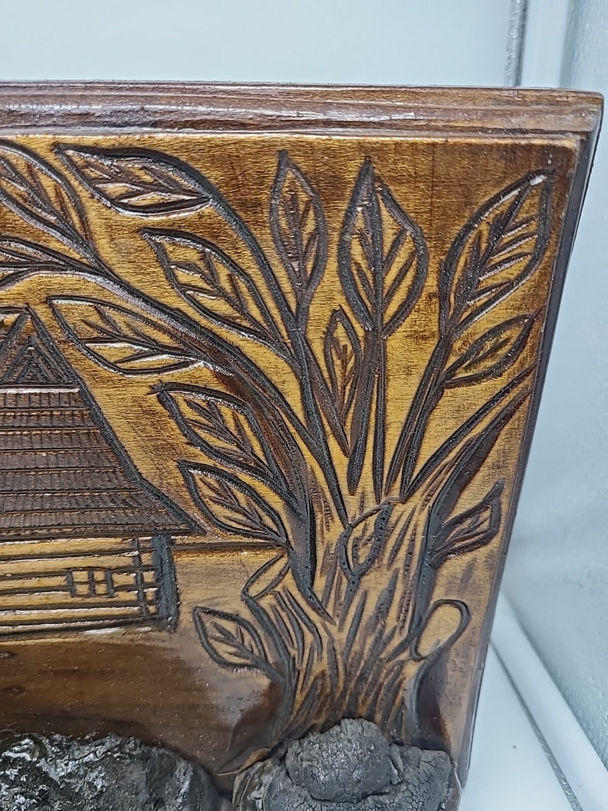 Folk Art Carved Reclaimed Wood cabin with trees and conk. From Poland ...