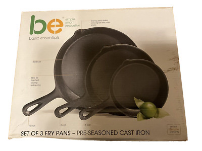 Basic Essentials Cast Iron Skillet Pan Set of 3 - Pre-seasoned 6, 8, 10 ...