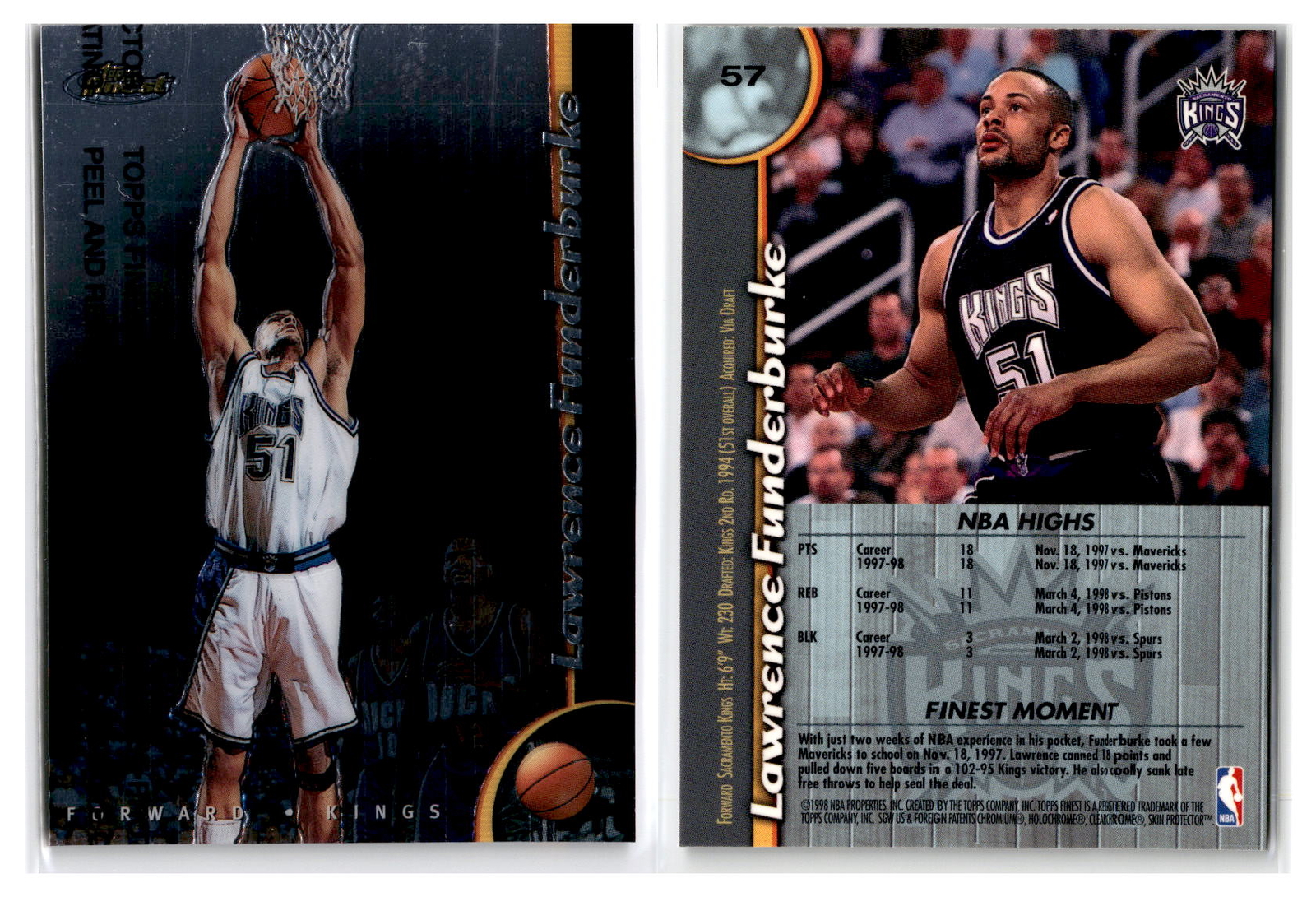 1998-99 Topps Finest #57 Lawrence Funderburke - Sacramento Kings | eBay