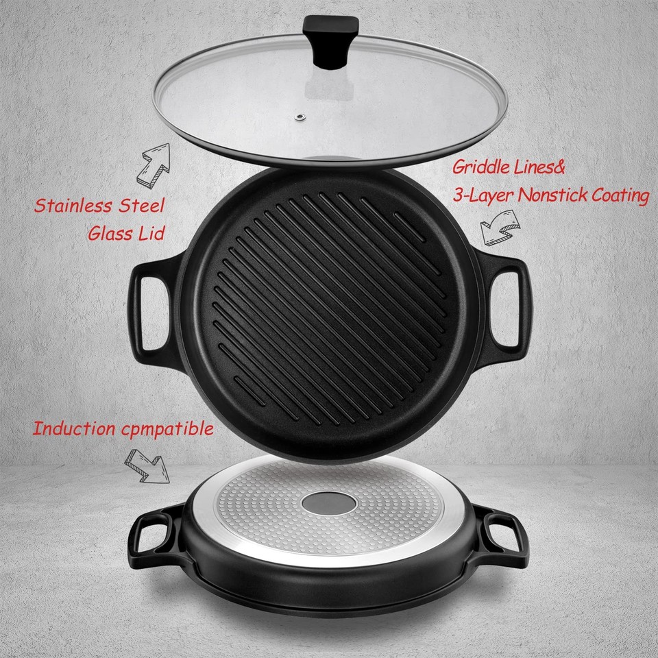Cast Aluminum Griddle Pan with Lid - Lightweight - Nonstick - Easy-to ...