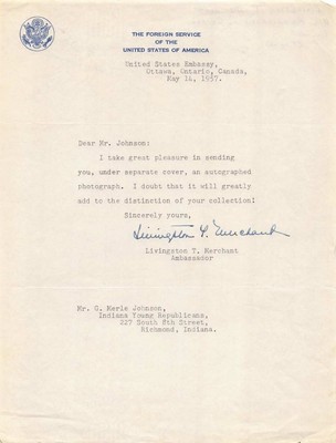 Livingston Merchant US Ambassador Autograph Signed Embassy Letter 1957 ...