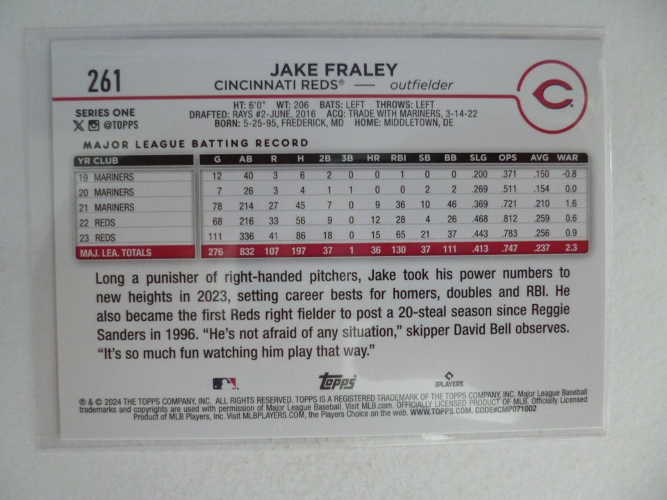 2024 Topps Series One (1) Royal Blue Parallel #261 Jake Fraley -Reds | eBay