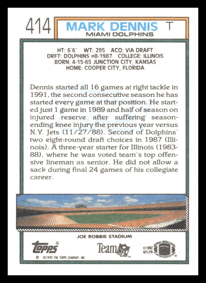 1992 Topps #414 Mark Dennis Miami Dolphins Football Card EX/NM | eBay