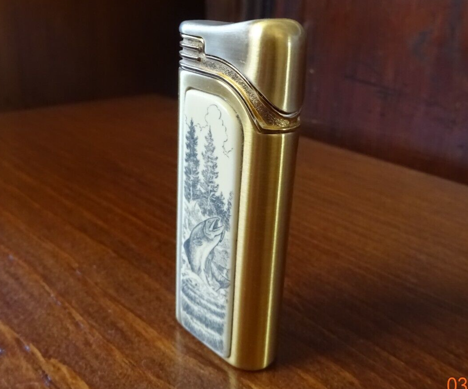 Colibri Butane Lighter, Brushed Gold, Carved Outdoor Trout Scene on ...