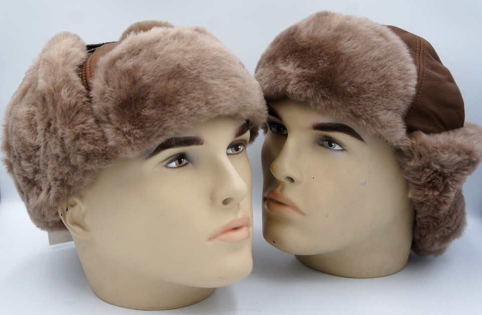 100% Sheepskin Shearling Leather Hat Trapper Ushanka Hunting M-3XL ...