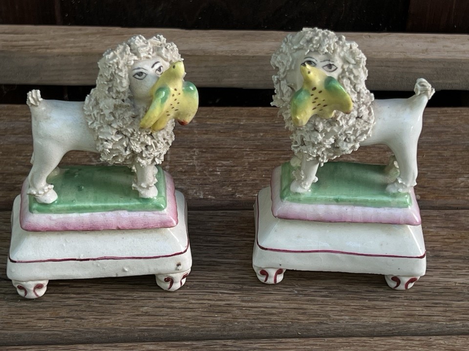 19C Staffordshire Poodle Dog Pair w/ Birds in Mouth 4” Mantle Spaniels ...