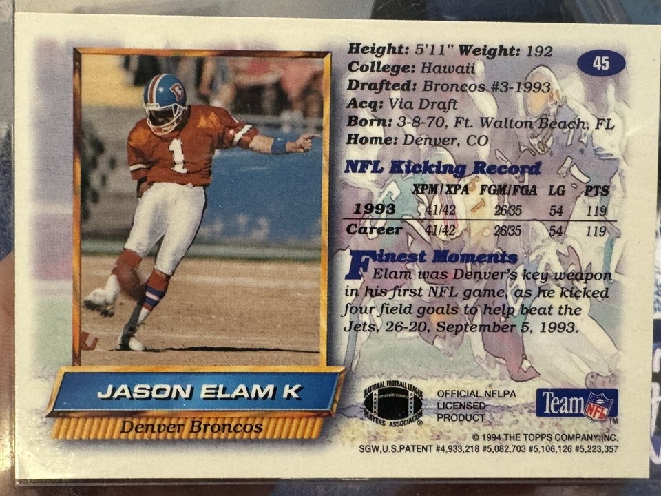 1994 Finest Refractors Jason Elam Rookie Star K Denver Broncos NFL Card ...