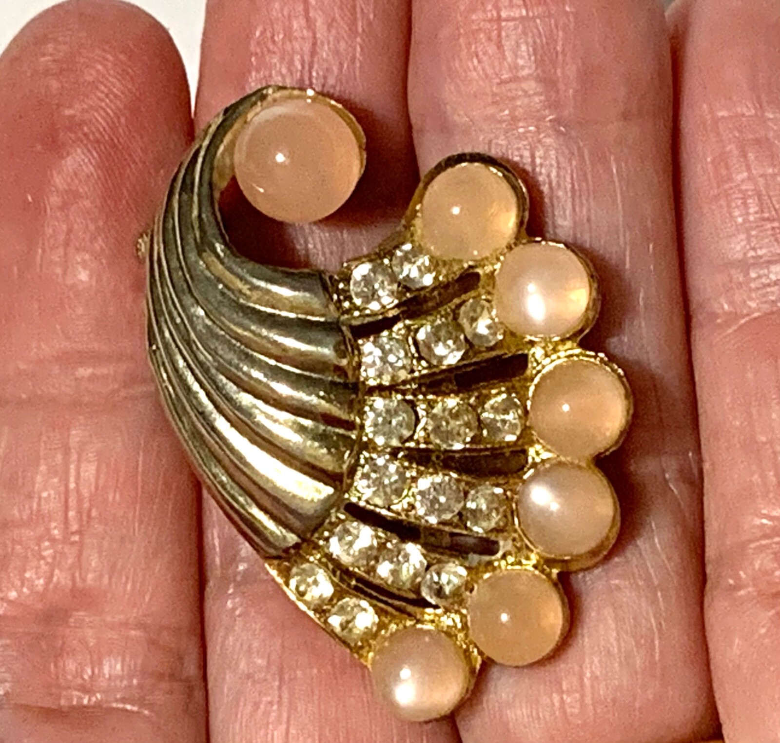 Vintage Pink Moon Glow Lucite & Rhinestone Gold tone Cornucopia Brooch ...