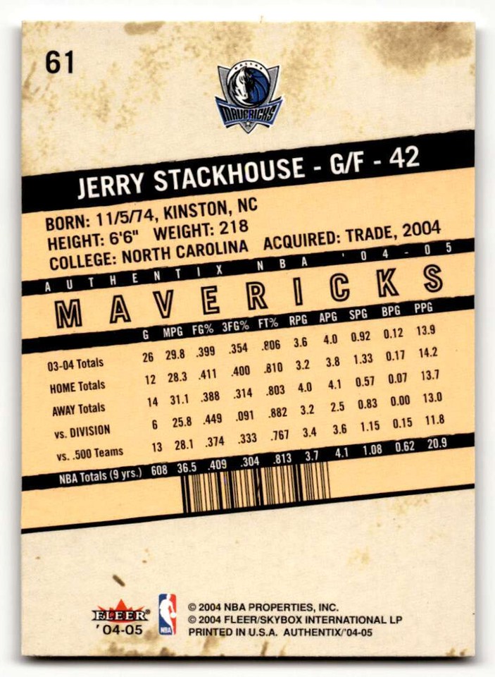 2004 Fleer Authentix #61 Jerry Stackhouse Dallas Mavericks Basketbal ID ...