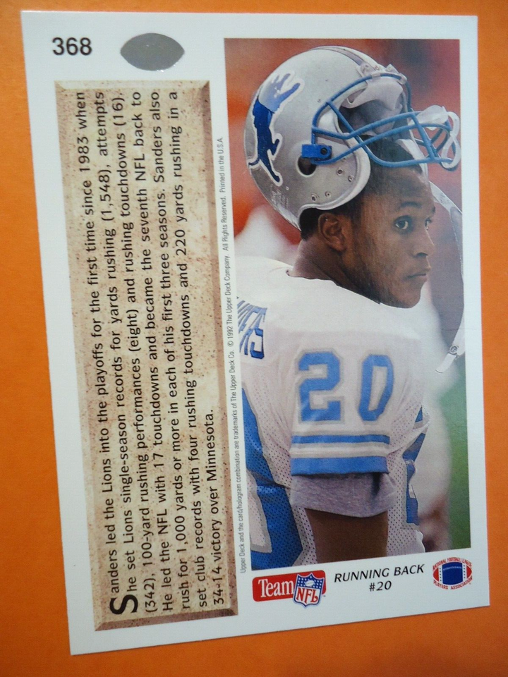 Barry Sanders - 1992 Upper Deck Team MVP Football card #368 - Detroit ...